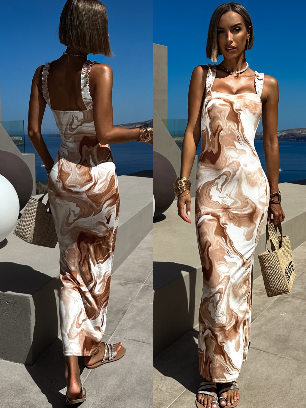 Hnědé dlouhé letní žebrované šaty GYOZO | Erika Fashion