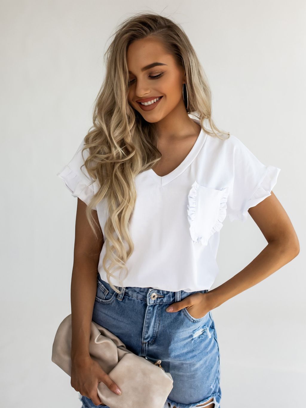 Bílé triko IDEAL s kapsičkou | Erika Fashion