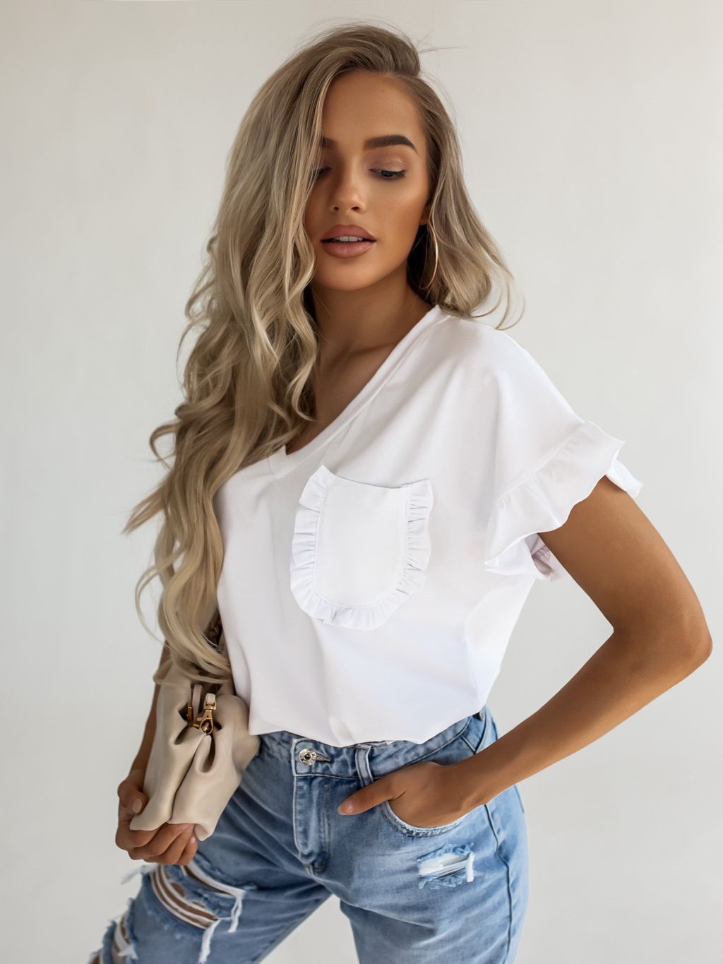 Bílé triko IDEAL s kapsičkou | Erika Fashion