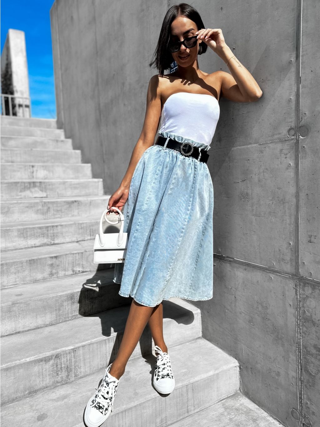 Světle modrá denim sukně MONTANI s páskem | Erika Fashion