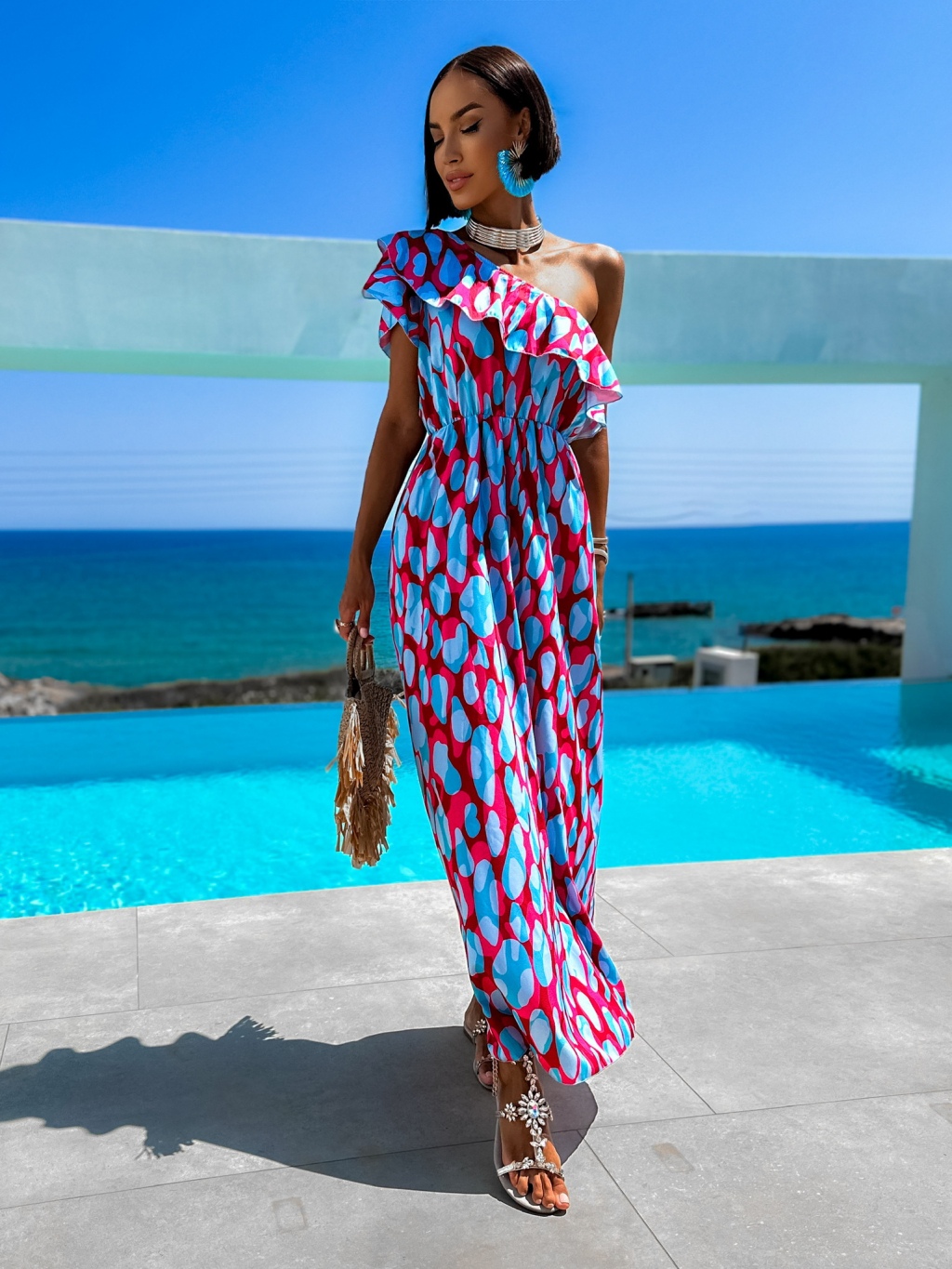 Modré dlouhé vzorované šaty LUTTOS | Erika Fashion