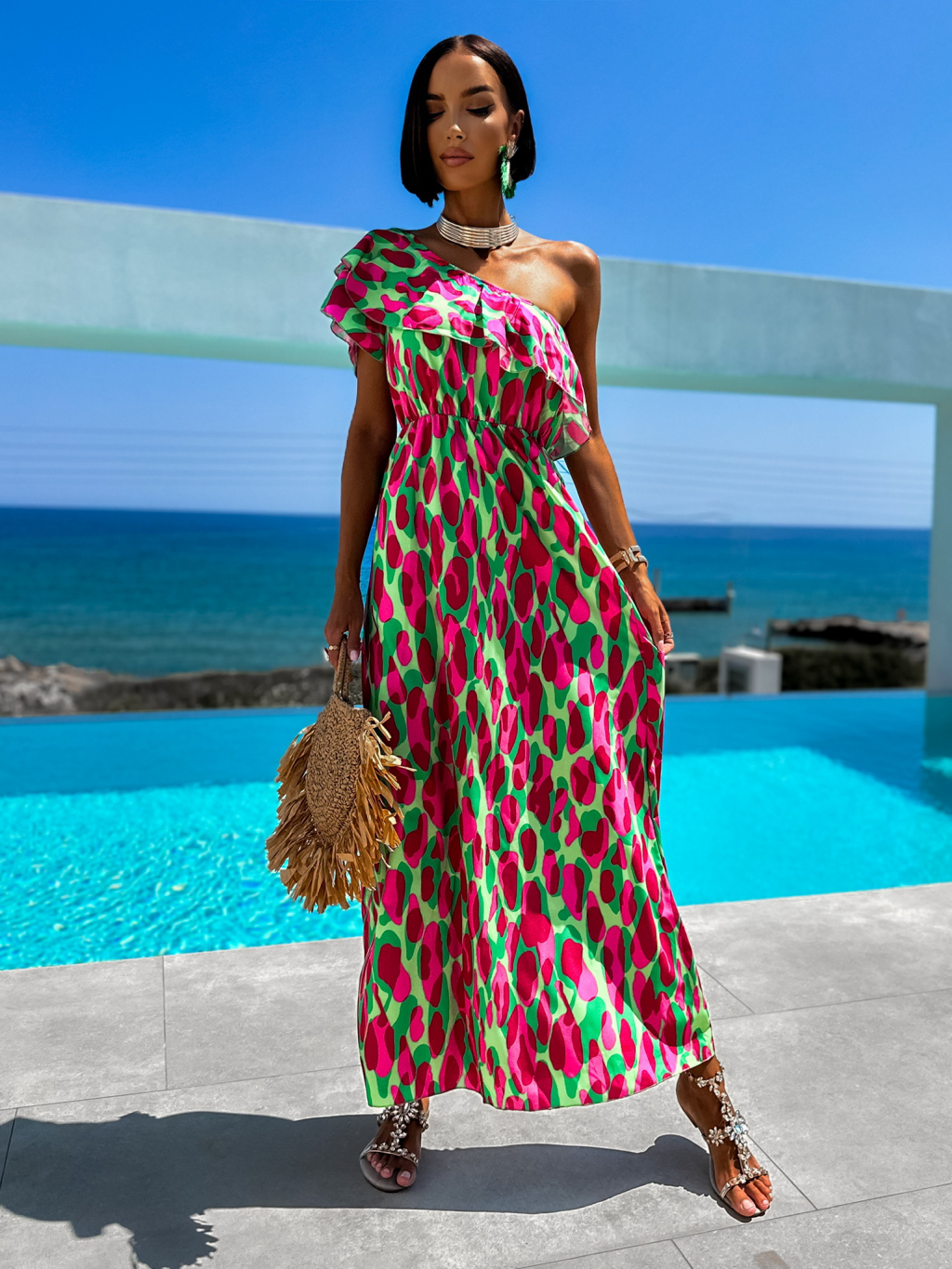 Zelené dlouhé vzorované šaty LUTTOS | Erika Fashion