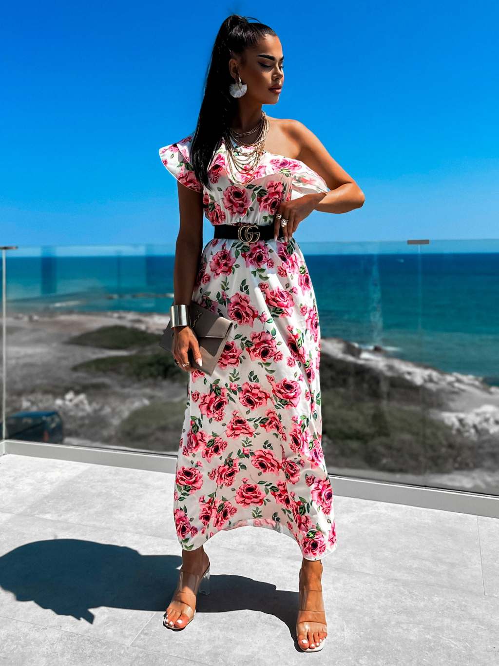 Bílé dlouhé vzorované šaty LUTTOS | Erika Fashion