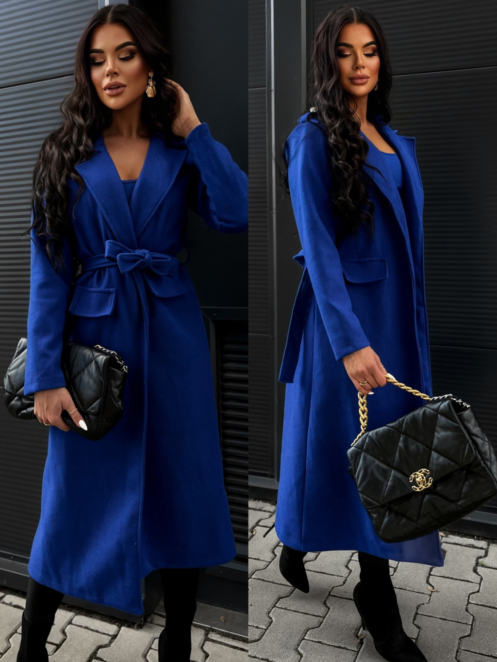 Královsky modrý kabát KIKLY s páskem | Erika Fashion